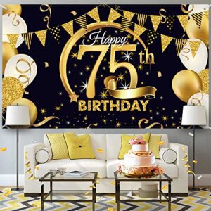 Birthday Party Decoration Extra Large Fabric Black Gold Sign Poster for Anniversary Photo Booth Backdrop Background Banner, Birthday Party Supplies, 72.8 x 43.3 Inch (75th)