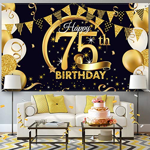 Birthday Party Decoration Extra Large Fabric Black Gold Sign Poster for Anniversary Photo Booth Backdrop Background Banner, Birthday Party Supplies, 72.8 x 43.3 Inch (75th)