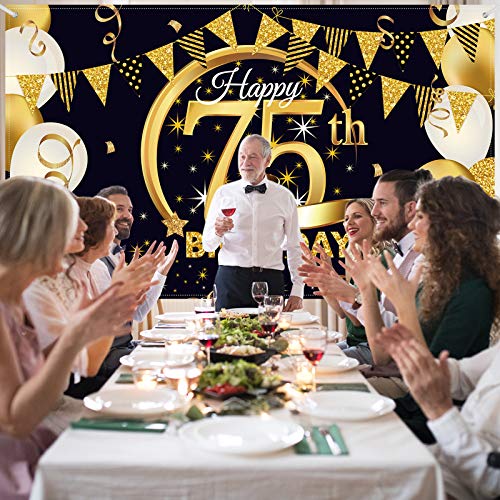 Birthday Party Decoration Extra Large Fabric Black Gold Sign Poster for Anniversary Photo Booth Backdrop Background Banner, Birthday Party Supplies, 72.8 x 43.3 Inch (75th)