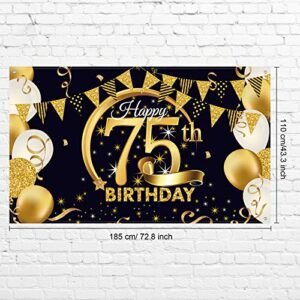 Birthday Party Decoration Extra Large Fabric Black Gold Sign Poster for Anniversary Photo Booth Backdrop Background Banner, Birthday Party Supplies, 72.8 x 43.3 Inch (75th)