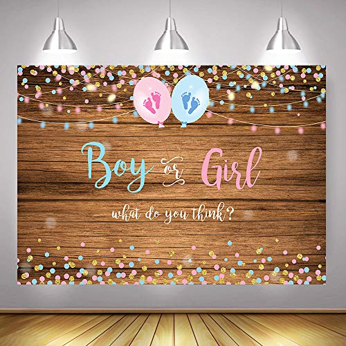 Mocsicka Boy or Girl Gender Reveal Backdrop Pink or Blue Gender Reveal Party Decorations 82x60 inch Vinyl Wood Floor Gender Reveal Photography Background Banner