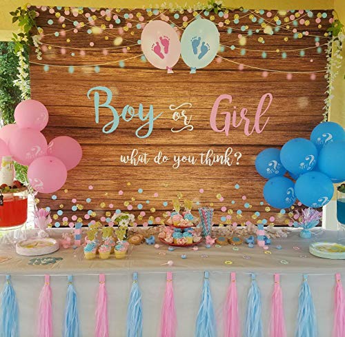 Mocsicka Boy or Girl Gender Reveal Backdrop Pink or Blue Gender Reveal Party Decorations 82x60 inch Vinyl Wood Floor Gender Reveal Photography Background Banner