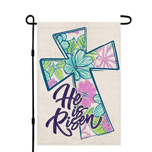 He is Risen Cross Easter Garden Flag 12 x 18 Inch Vertical Double Sided, Spring Holiday Farmhouse Rustic Yard Outdoor Decoration DF027