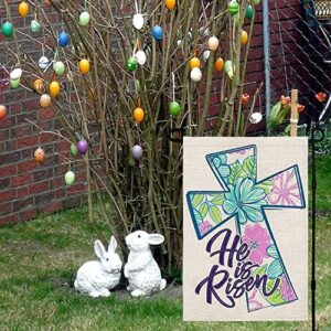 He is Risen Cross Easter Garden Flag 12 x 18 Inch Vertical Double Sided, Spring Holiday Farmhouse Rustic Yard Outdoor Decoration DF027