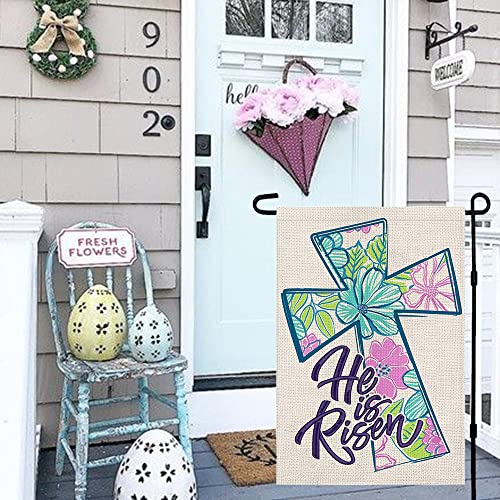 He is Risen Cross Easter Garden Flag 12 x 18 Inch Vertical Double Sided, Spring Holiday Farmhouse Rustic Yard Outdoor Decoration DF027