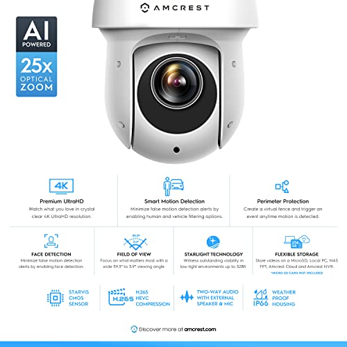 Amcrest 8MP Outdoor PTZ POE + IP Camera Pan Tilt Zoom (Optical 25x Motorized) Human and Vehicle Detection AI, Perimeter Protection, 328ft Night Vision POE+ (802.3at) IP8M-2899EW-AI