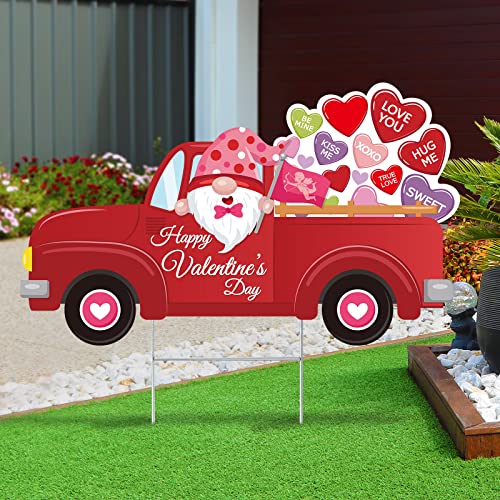 Valentine's Day Yard Signs with Stake Valentines Gnomes Outdoor Lawn Decorations Happy Valentine's Day Red Truck Lawn Signs for Valentine Day Wedding Anniversary Lawn Garden Yard Outside Decorations