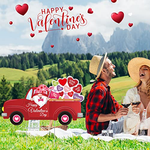 Valentine's Day Yard Signs with Stake Valentines Gnomes Outdoor Lawn Decorations Happy Valentine's Day Red Truck Lawn Signs for Valentine Day Wedding Anniversary Lawn Garden Yard Outside Decorations