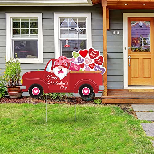 Valentine's Day Yard Signs with Stake Valentines Gnomes Outdoor Lawn Decorations Happy Valentine's Day Red Truck Lawn Signs for Valentine Day Wedding Anniversary Lawn Garden Yard Outside Decorations