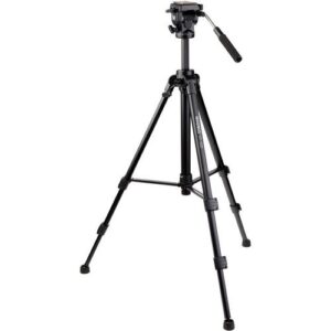 magnus vt-300, video tripod system with fluid head, extends to 64”, max load 15 lbs. mid-level spreader, replaceable rubber feet. plus quick release plate, pan bar, carry case with shoulder strap