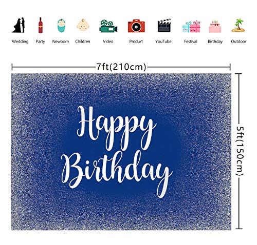 Royal Blue Happy Birthday Backdrop Adults Mans Boys Bday Party Banner Silver Glitter Spots Photography Background Table Wall Decorations Photo Shoot Booth Studio Props