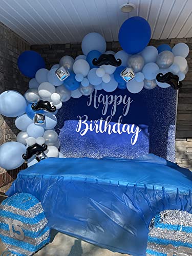 Royal Blue Happy Birthday Backdrop Adults Mans Boys Bday Party Banner Silver Glitter Spots Photography Background Table Wall Decorations Photo Shoot Booth Studio Props