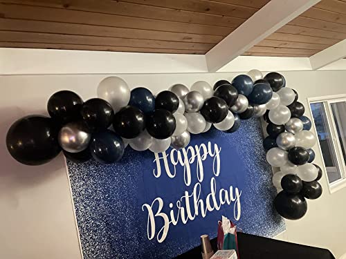 Royal Blue Happy Birthday Backdrop Adults Mans Boys Bday Party Banner Silver Glitter Spots Photography Background Table Wall Decorations Photo Shoot Booth Studio Props