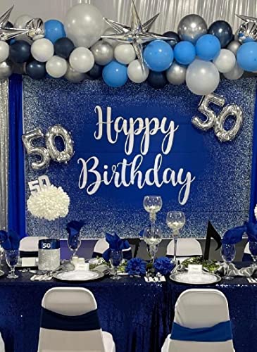 Royal Blue Happy Birthday Backdrop Adults Mans Boys Bday Party Banner Silver Glitter Spots Photography Background Table Wall Decorations Photo Shoot Booth Studio Props