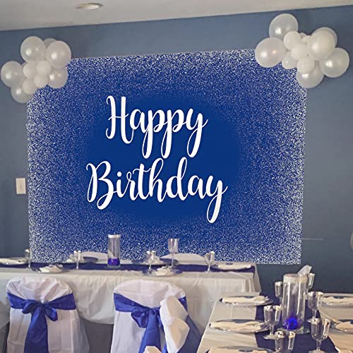 Royal Blue Happy Birthday Backdrop Adults Mans Boys Bday Party Banner Silver Glitter Spots Photography Background Table Wall Decorations Photo Shoot Booth Studio Props