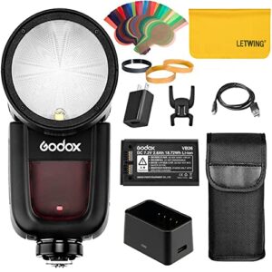 godox v1-s round head camera flash for sony, 2.4g 1/8000 hss ttl flash speedlite, 480 full power shots, 10 level led modeling lamp compatible for sony camera