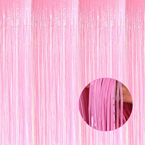 HalloweenDecorate 4 Pack Macaron Pink Foil Fringe Curtain Backdrop, 3.28Ft x 8.2Ft Metallic Tinsel Streamer Curtains, Birthday, Wedding, New Year’s, Christmas Decorations Party Supplies, One Size