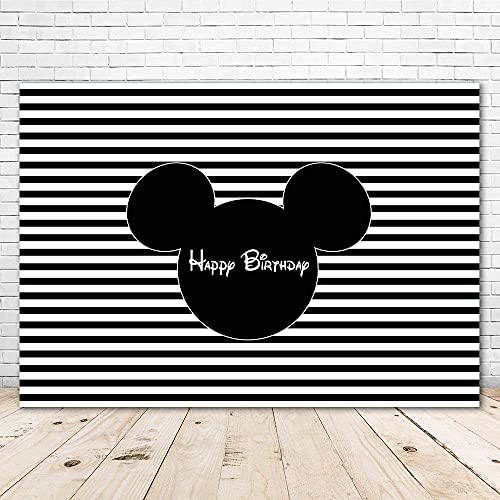 Mickey Mouse Backdrop Happy Birthday 7x5 Black and White Mickey Mouse Ears Background for Boy First Birthday Party Classic Mickey Mouse Vinyl Banner Dessert Table Cloth