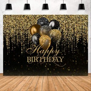 aperturee 7x5ft happy birthday backdrop glitter black and gold bokeh balloons golden sparkle sequin spots photography background adult women girl banner party decoration photo booth studio cake table