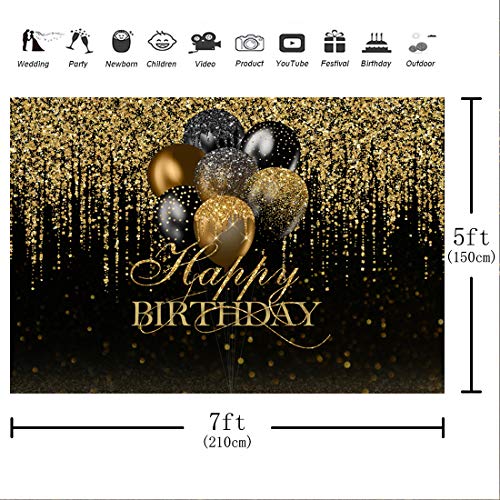 Aperturee 7x5ft Happy Birthday Backdrop Glitter Black and Gold Bokeh Balloons Golden Sparkle Sequin Spots Photography Background Adult Women Girl Banner Party Decoration Photo Booth Studio Cake Table