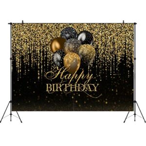 Aperturee 7x5ft Happy Birthday Backdrop Glitter Black and Gold Bokeh Balloons Golden Sparkle Sequin Spots Photography Background Adult Women Girl Banner Party Decoration Photo Booth Studio Cake Table