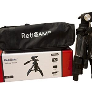 RetiCAM Tabletop Tripod with 3-Way Pan/Tilt Head, Quick Release Plate and Carrying Bag for Phones, Cameras and Spotting Scopes - MT01 Mini Tripod, Aluminum, Black