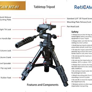 RetiCAM Tabletop Tripod with 3-Way Pan/Tilt Head, Quick Release Plate and Carrying Bag for Phones, Cameras and Spotting Scopes - MT01 Mini Tripod, Aluminum, Black