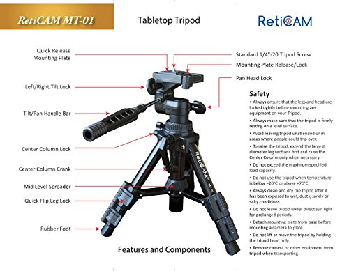 RetiCAM Tabletop Tripod with 3-Way Pan/Tilt Head, Quick Release Plate and Carrying Bag for Phones, Cameras and Spotting Scopes - MT01 Mini Tripod, Aluminum, Black