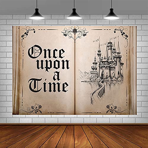 ABLIN 7x5ft Fairy Tale Books Backdrop Old Opening Book Once Upon a Time Ancient Castle Princess Romantic Story Photo Background Wedding Birthday Party Decorations Banner Props