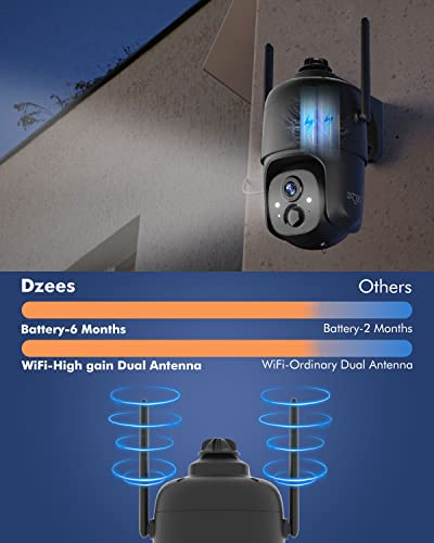 Dzees Security Cameras Wireless Outdoor, 2K Battery Powered Security Camera, 360° PTZ Camera with Spotlight, Siren, Color Night Vision, AI Dectection, IP66 for Home Security, 2.4GHz