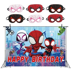 spidey and his amazing friends party birthday background, spider party supplies,5x3ft spidey photo backdrop and 6 pcs spidey party cosplay masks for any spidey birthday decor