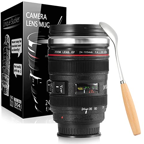 Camera Lens Coffee Mug, Lens Cups Non-BPA Stainless Steel Tumbler Leakproof Travel Mug Tea Water Bottle with Lid and Spoon - EF24-105mm f/4.0 USM Cano Lens Mug (Black)