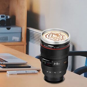 Camera Lens Coffee Mug, Lens Cups Non-BPA Stainless Steel Tumbler Leakproof Travel Mug Tea Water Bottle with Lid and Spoon - EF24-105mm f/4.0 USM Cano Lens Mug (Black)