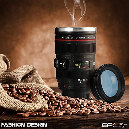 Camera Lens Coffee Mug, Lens Cups Non-BPA Stainless Steel Tumbler Leakproof Travel Mug Tea Water Bottle with Lid and Spoon - EF24-105mm f/4.0 USM Cano Lens Mug (Black)