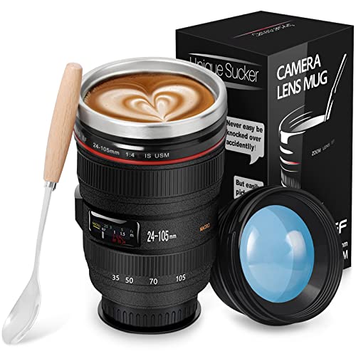 Camera Lens Coffee Mug, Lens Cups Non-BPA Stainless Steel Tumbler Leakproof Travel Mug Tea Water Bottle with Lid and Spoon - EF24-105mm f/4.0 USM Cano Lens Mug (Black)