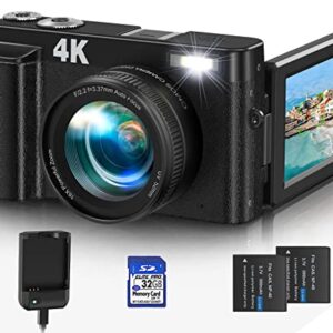 Digital Camera 4K 60FPS Auto Focus 48MP Vlogging Video Camera 16X Digital Zoom Camera with 180°Flip Screen Compact Camera for YouTube 32GB Memory Card