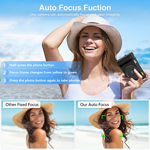 Digital Camera 4K 60FPS Auto Focus 48MP Vlogging Video Camera 16X Digital Zoom Camera with 180°Flip Screen Compact Camera for YouTube 32GB Memory Card