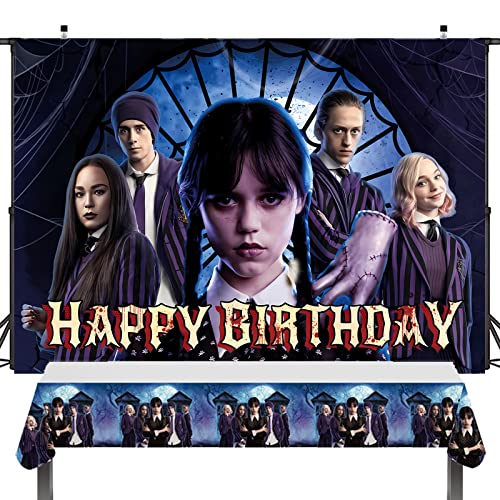 Wednesday Addams Birthday Party Supplies, Wednesday Movie Backdrop Tablecloth Kit 5x3ft Background Banner for Photography with 70” x 42” Tablecloth for Kids Birthday Gathering