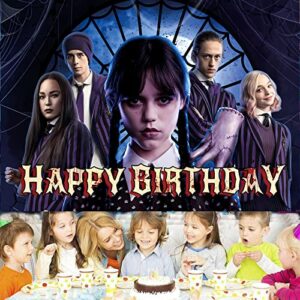 Wednesday Addams Birthday Party Supplies, Wednesday Movie Backdrop Tablecloth Kit 5x3ft Background Banner for Photography with 70” x 42” Tablecloth for Kids Birthday Gathering