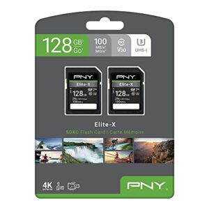 PNY 128GB Elite-X Class 10 U3 V30 SDXC Flash Memory Card 2-Pack - 100MB/s, Class 10, U3, V30, 4K UHD, Full HD, UHS-I, Full Size SD