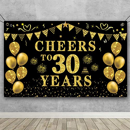 Trgowaul 30th Birthday/Anniversary/Wedding Decorations for Women Men, Cheers to 30 Years Banner, Black and Gold 30th Birthday Backdrop, 30 Bday Decorations Party Banner Photography Supplies Background