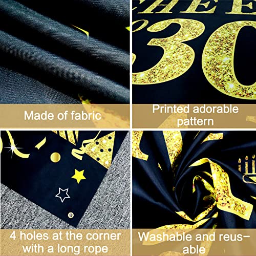 Trgowaul 30th Birthday/Anniversary/Wedding Decorations for Women Men, Cheers to 30 Years Banner, Black and Gold 30th Birthday Backdrop, 30 Bday Decorations Party Banner Photography Supplies Background