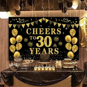 Trgowaul 30th Birthday/Anniversary/Wedding Decorations for Women Men, Cheers to 30 Years Banner, Black and Gold 30th Birthday Backdrop, 30 Bday Decorations Party Banner Photography Supplies Background