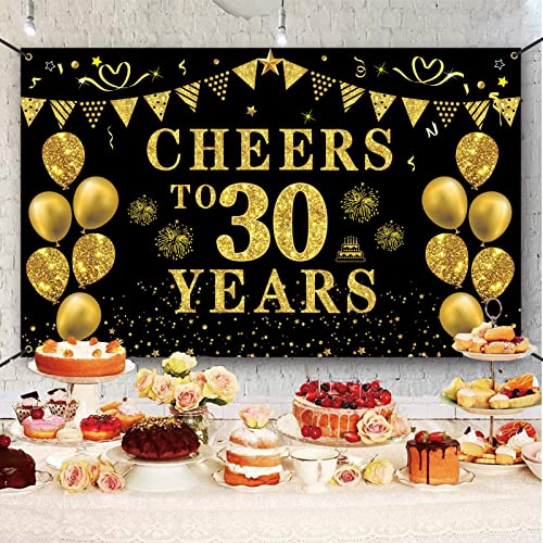 Trgowaul 30th Birthday/Anniversary/Wedding Decorations for Women Men, Cheers to 30 Years Banner, Black and Gold 30th Birthday Backdrop, 30 Bday Decorations Party Banner Photography Supplies Background