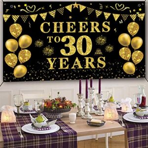 Trgowaul 30th Birthday/Anniversary/Wedding Decorations for Women Men, Cheers to 30 Years Banner, Black and Gold 30th Birthday Backdrop, 30 Bday Decorations Party Banner Photography Supplies Background