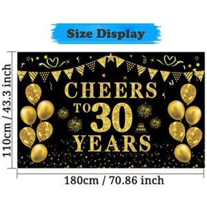 Trgowaul 30th Birthday/Anniversary/Wedding Decorations for Women Men, Cheers to 30 Years Banner, Black and Gold 30th Birthday Backdrop, 30 Bday Decorations Party Banner Photography Supplies Background