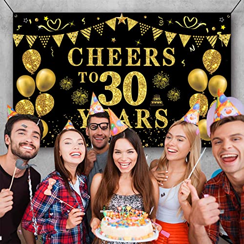 Trgowaul 30th Birthday/Anniversary/Wedding Decorations for Women Men, Cheers to 30 Years Banner, Black and Gold 30th Birthday Backdrop, 30 Bday Decorations Party Banner Photography Supplies Background