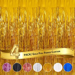 4 pack gold backdrop curtain 3.2 ft x 8.2 ft gold streamers gold fringe curtain backdrop foil fringe curtain birthday parties tinsel backdrop photo booth (gold)