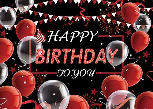 Happy Birthday Photography Backdrop 7x5FT Polyester Red and Black Balloon Confetti Birthday Decoration Photo Booth Background for Kids Men Women Anniversary Birthday Party Banner Supplies