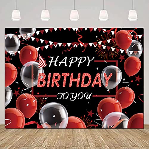 Happy Birthday Photography Backdrop 7x5FT Polyester Red and Black Balloon Confetti Birthday Decoration Photo Booth Background for Kids Men Women Anniversary Birthday Party Banner Supplies